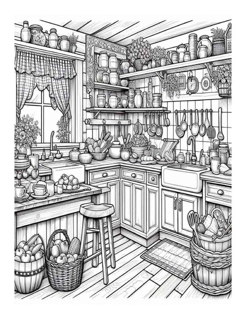 Country Kitchen Coloring Pages for Adults: 25 Printable Designs (PDF ...