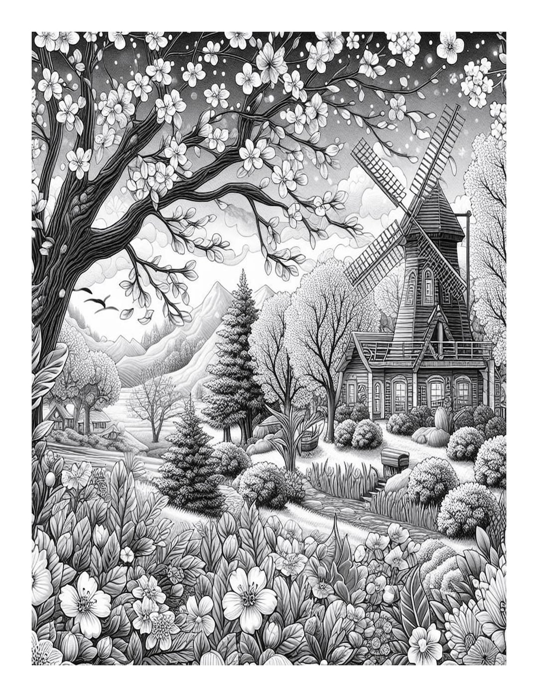 Beautiful Springtime Scenes Grayscale Coloring Pages for Adults ...