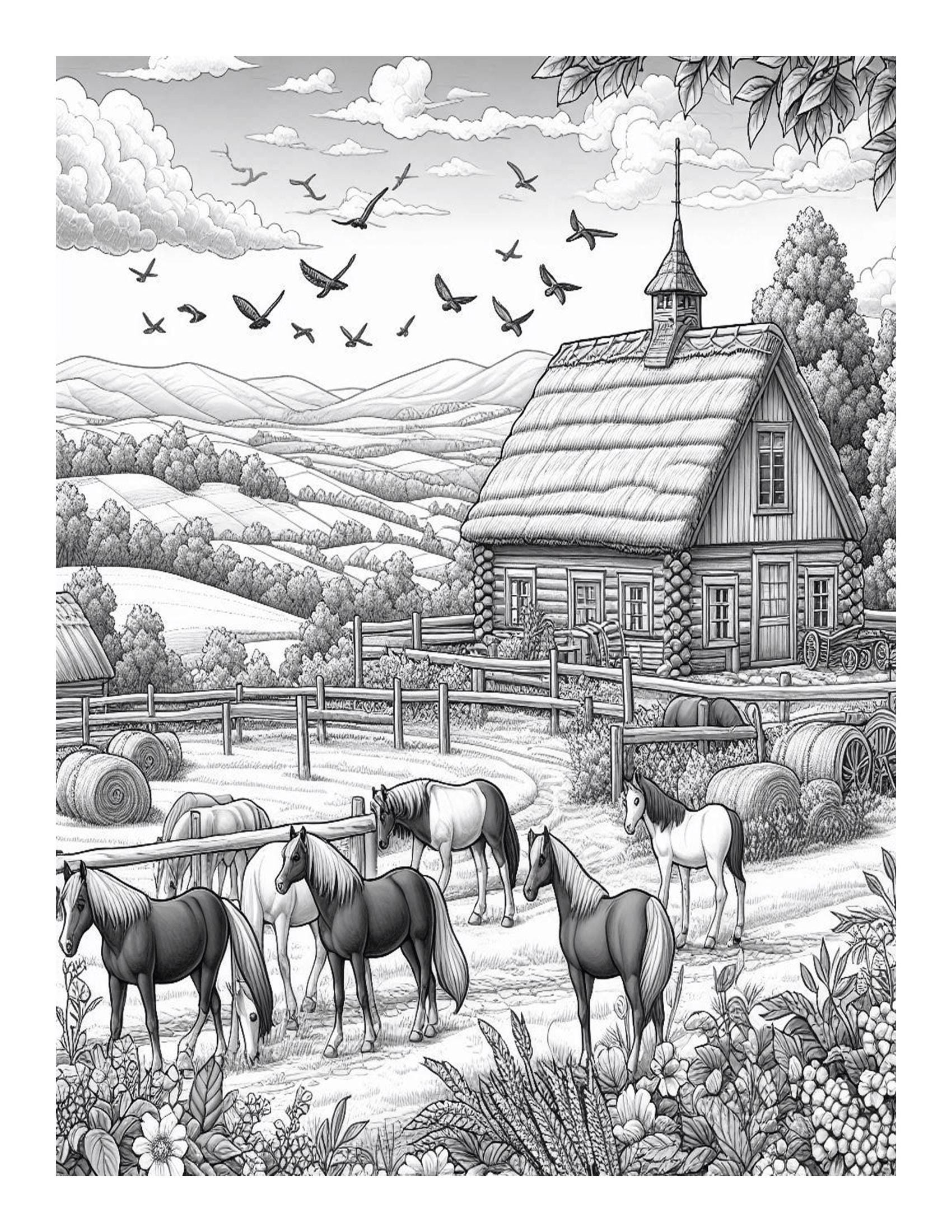 Country Life Grayscale Coloring Pages for Adults: Stress Relief ...