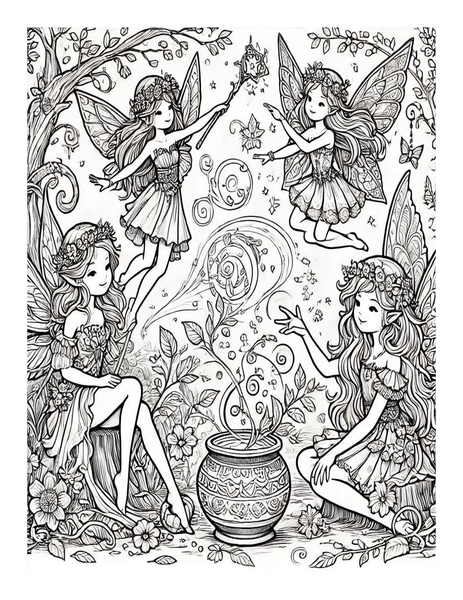 Beautiful Magical Forest Fairy Coloring Pages for Adults, Features 25 ...