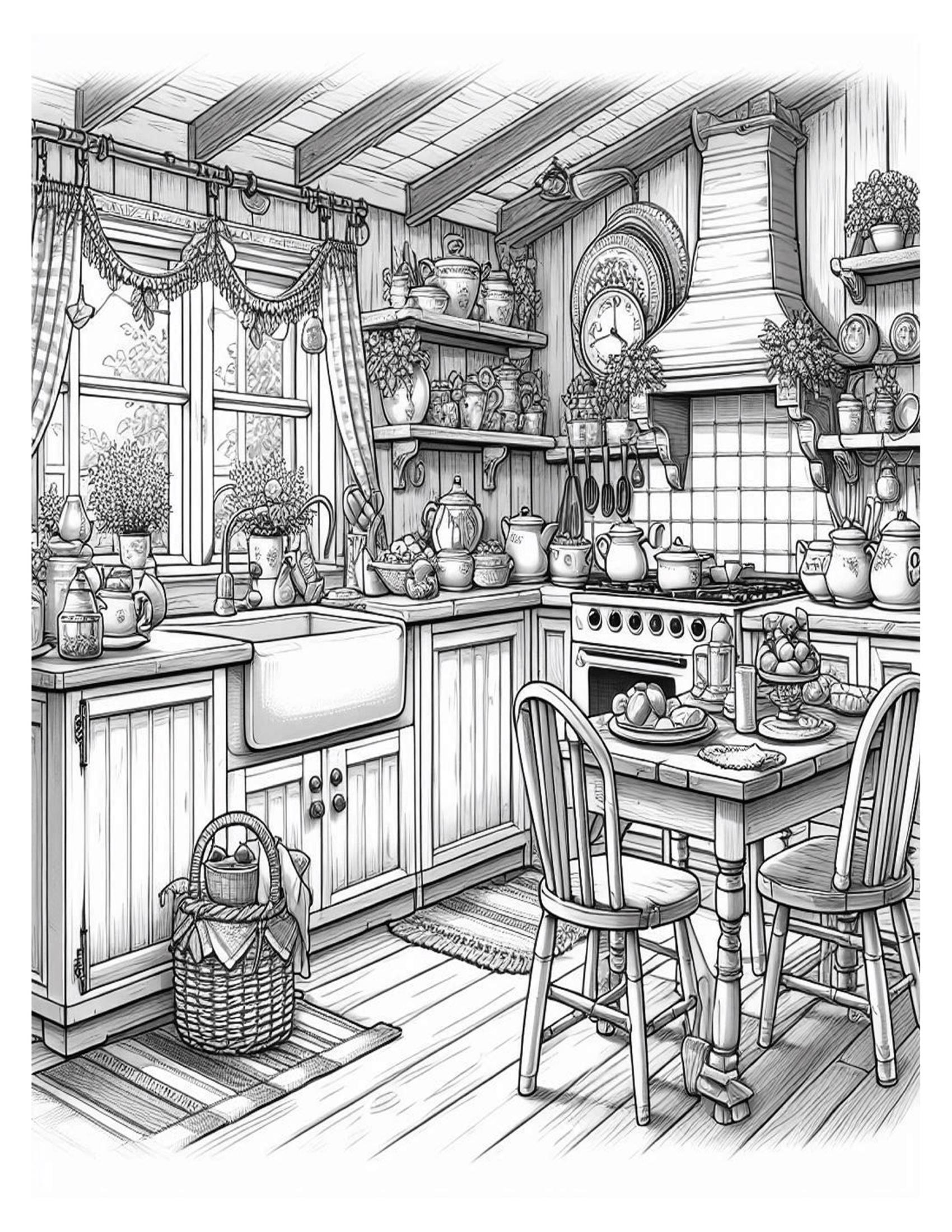 Country Cottage Kitchen Coloring Pages: Grayscale Art for Adults ...