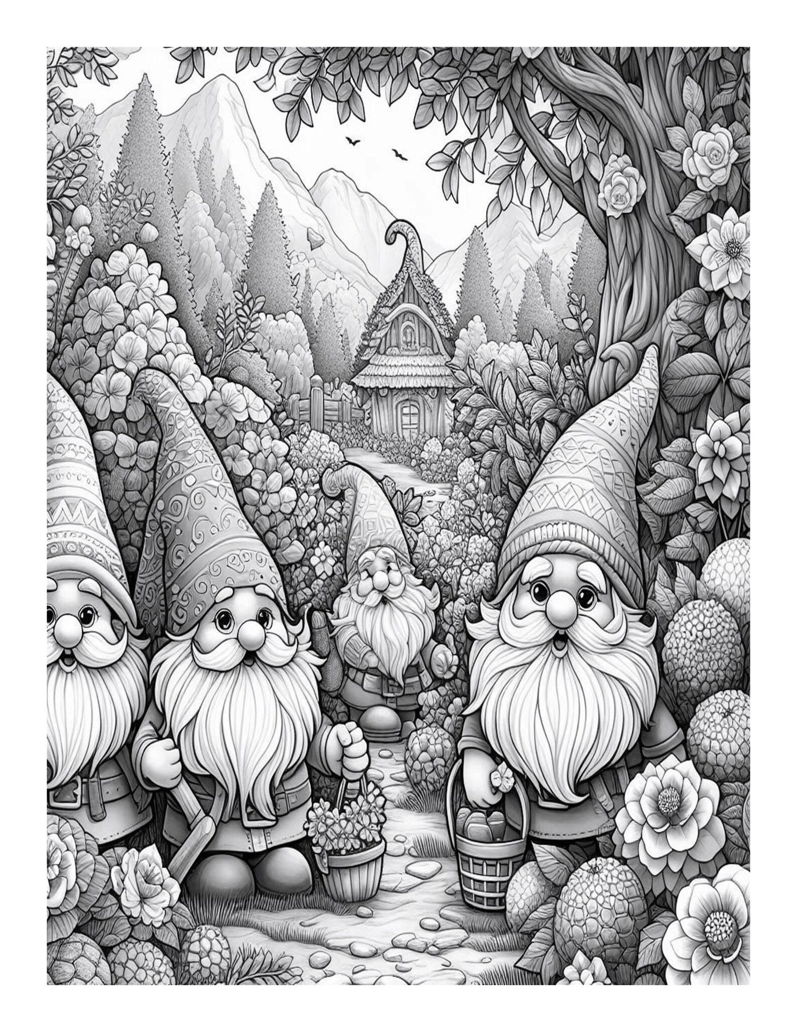 Gnomes Garden Grayscale Coloring Pages for Adults (PDF Download) - Etsy