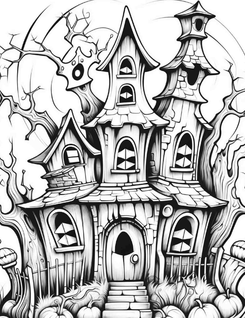 Haunted Houses Coloring Pages for Adults: 25 Printable Designs - Etsy