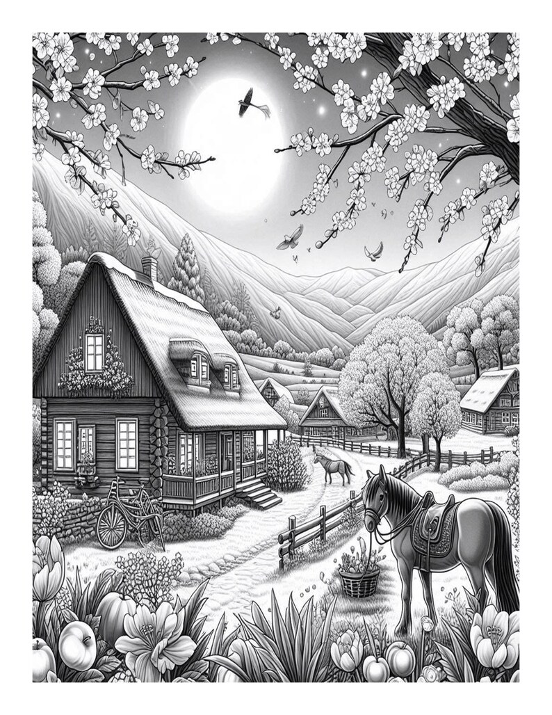 Beautiful Springtime Scenes Grayscale Coloring Pages for Adults ...