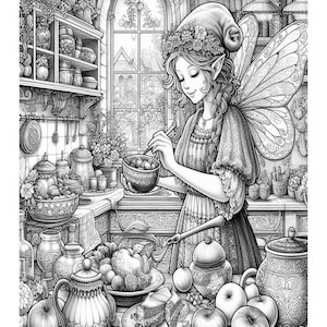 Gorgeous Fairy Country Kitchen Grayscale Coloring Pages for Adults ...