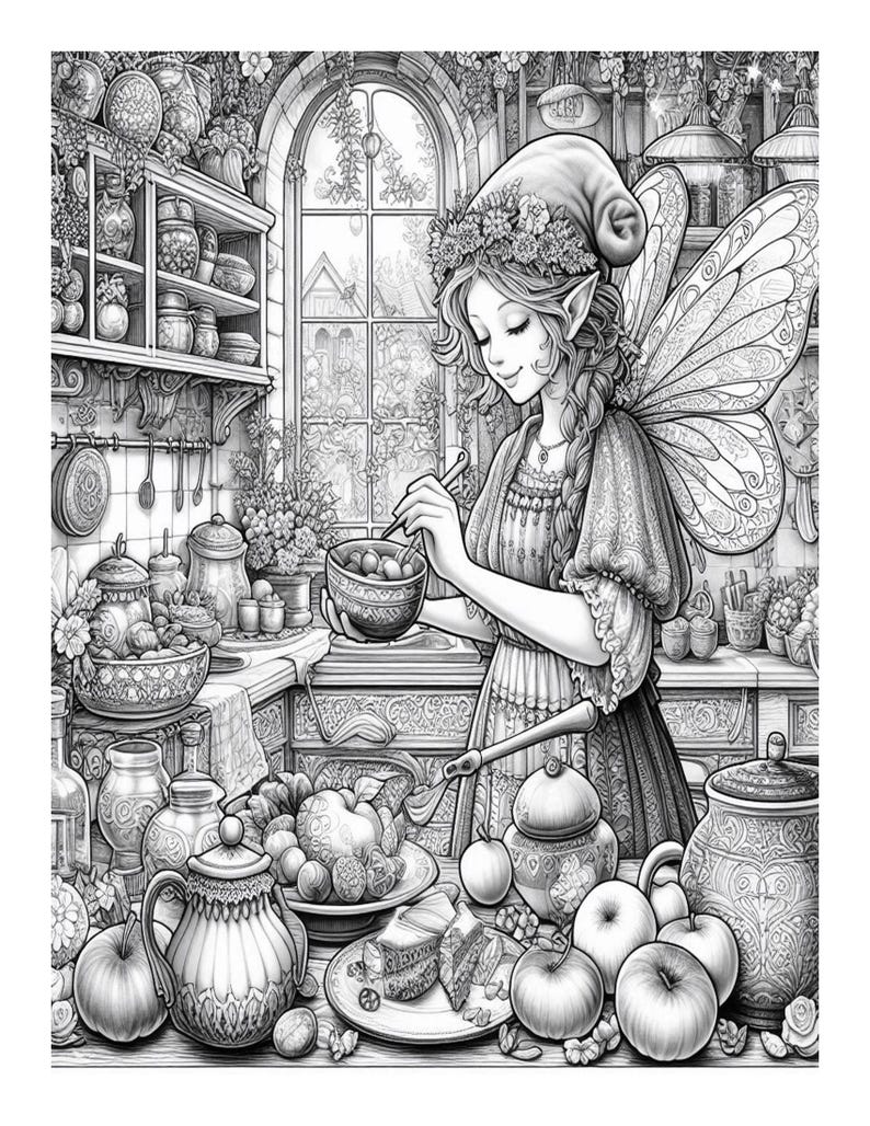 Fairy Country Kitchen Grayscale Coloring Pages for Adults (printable ...