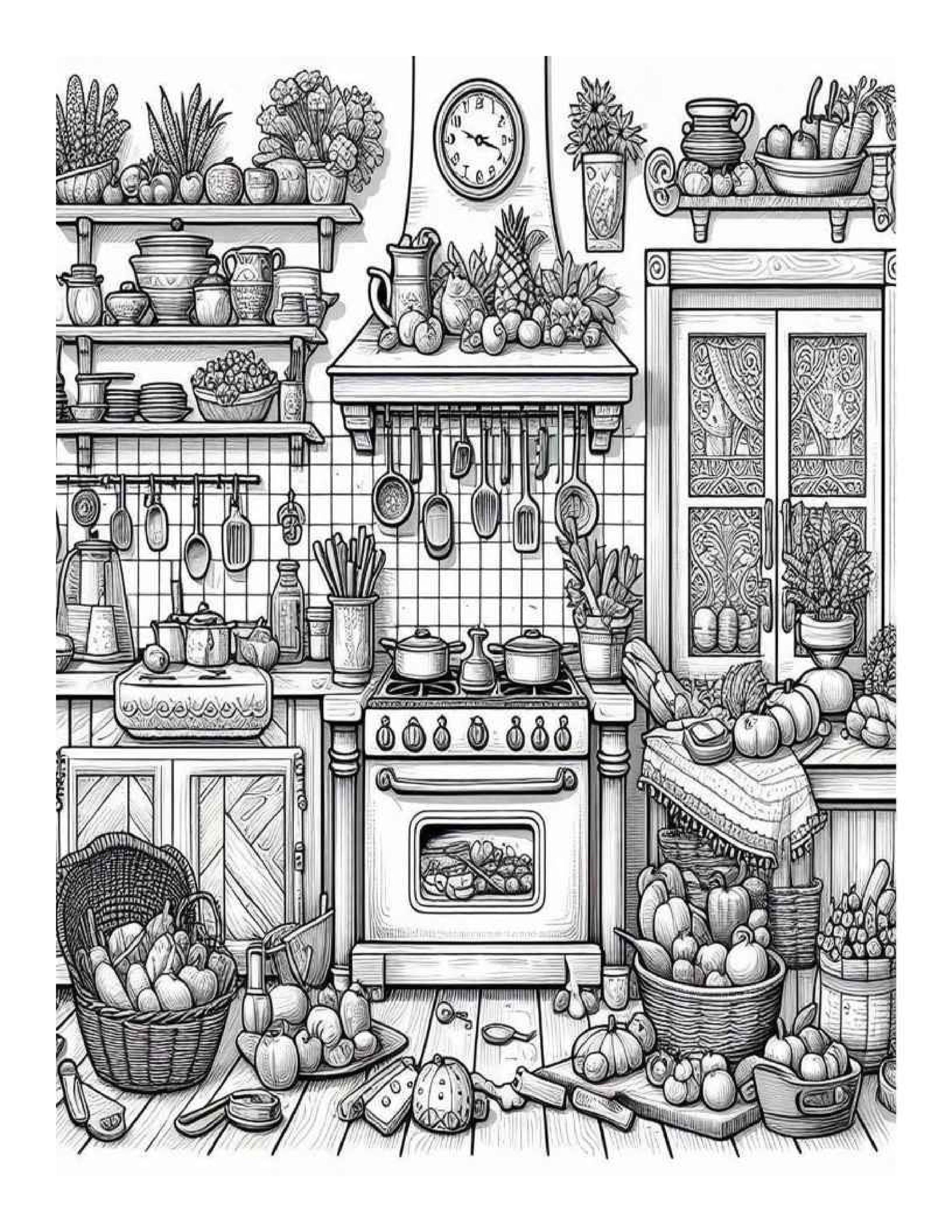 Country Kitchen Coloring Pages for Adults: 25 Printable Designs (PDF ...