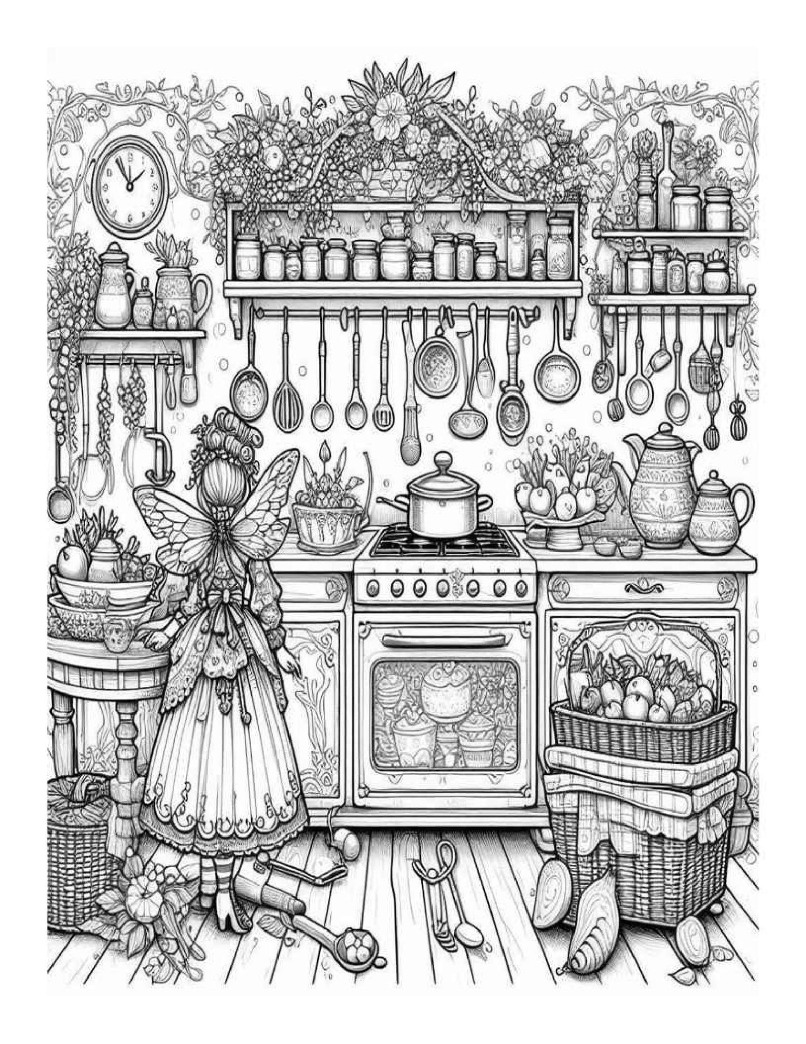Fairy Kitchen Coloring Pages for Adults: 25 Printable Designs (digital ...