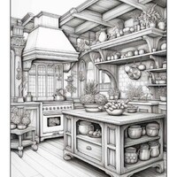 Country Cottage Kitchen Coloring Pages: Grayscale Art for Adults ...