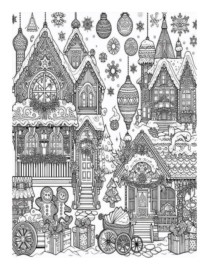 Christmas Gingerbread Houses Coloring Pages for Adults (printable) - Etsy