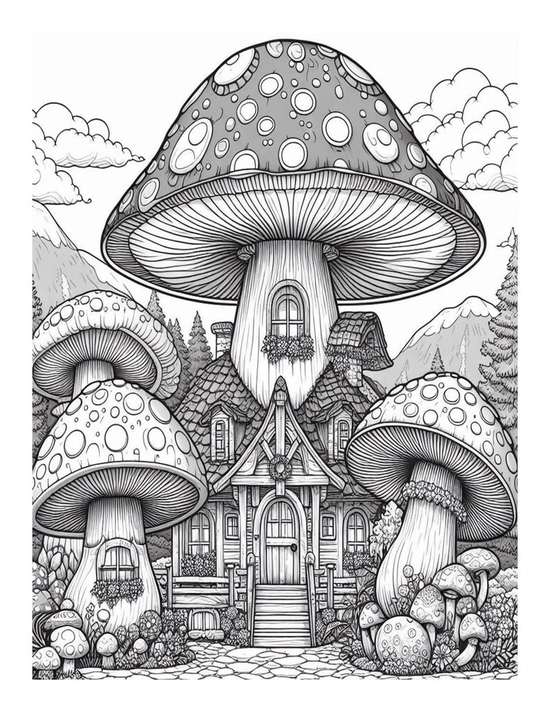 Mushroom House Coloring Pages: Fairytale Grayscale Art (25 Printable ...