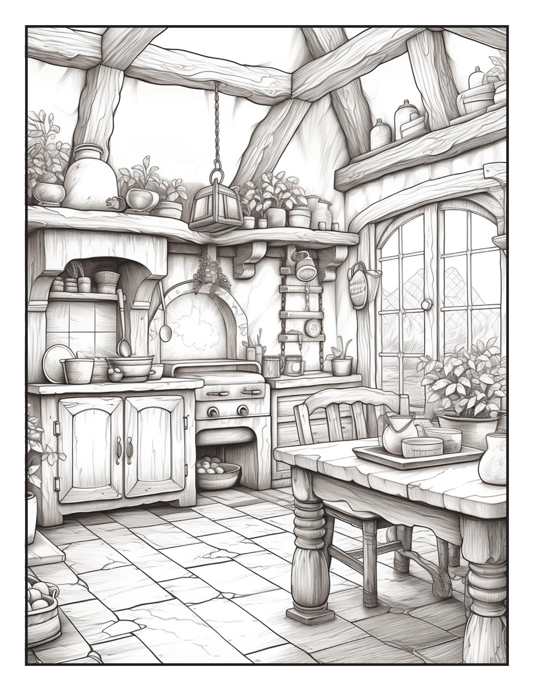 Country Kitchens Coloring Pages for Adults: 25 Printable Designs ...