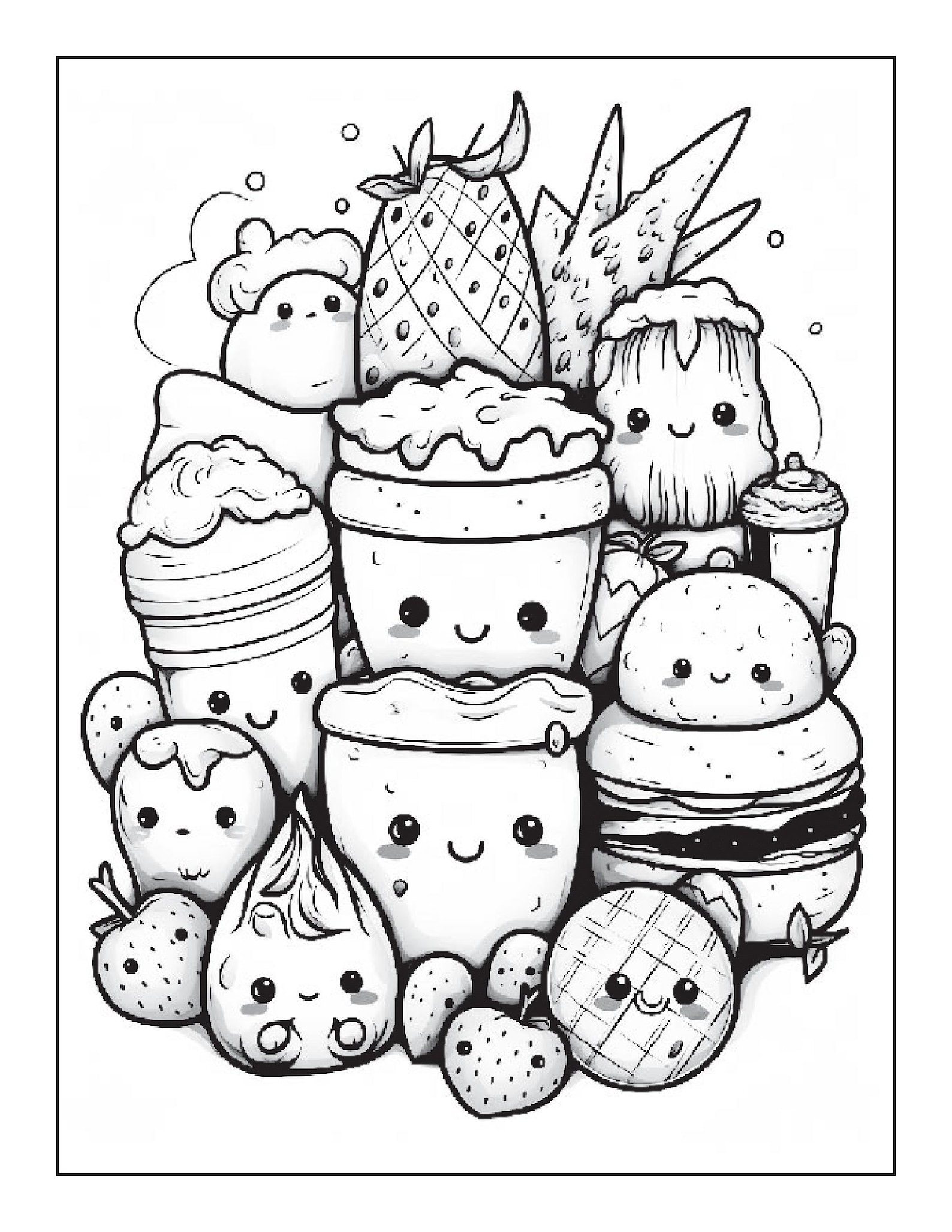 Kawaii Food Coloring Pages, 100 Page Adult Coloring Book (instant PDF ...