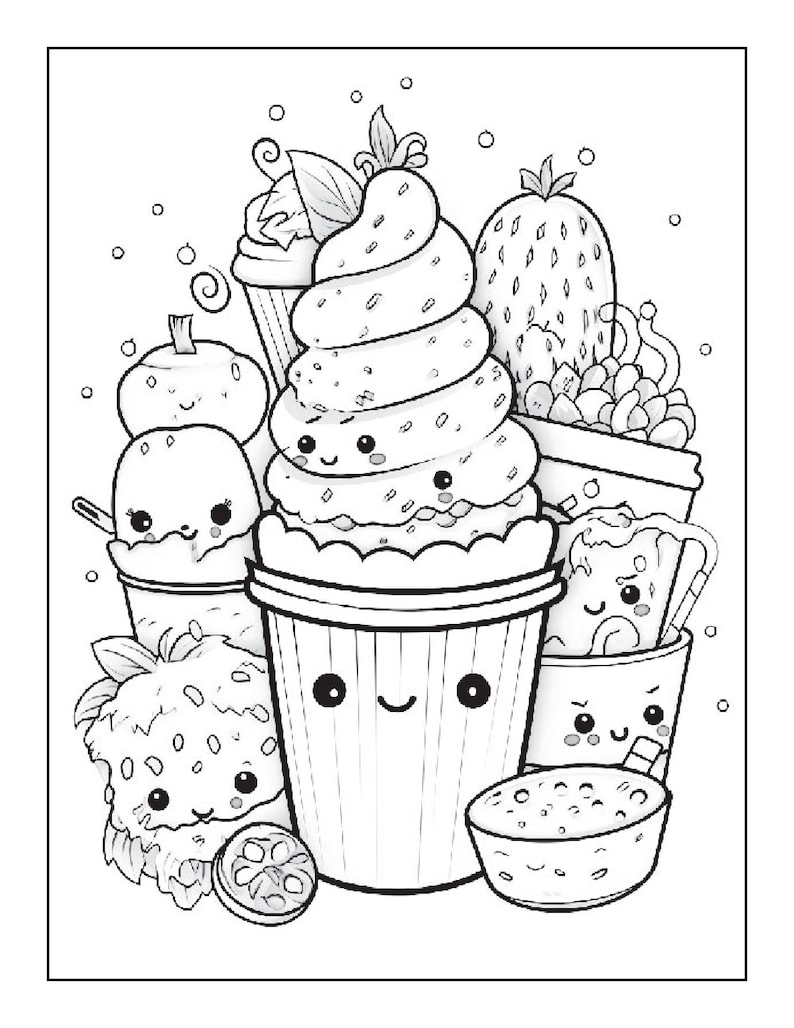 Kawaii Food Coloring Pages, 100 Page Adult Coloring Book (instant PDF ...