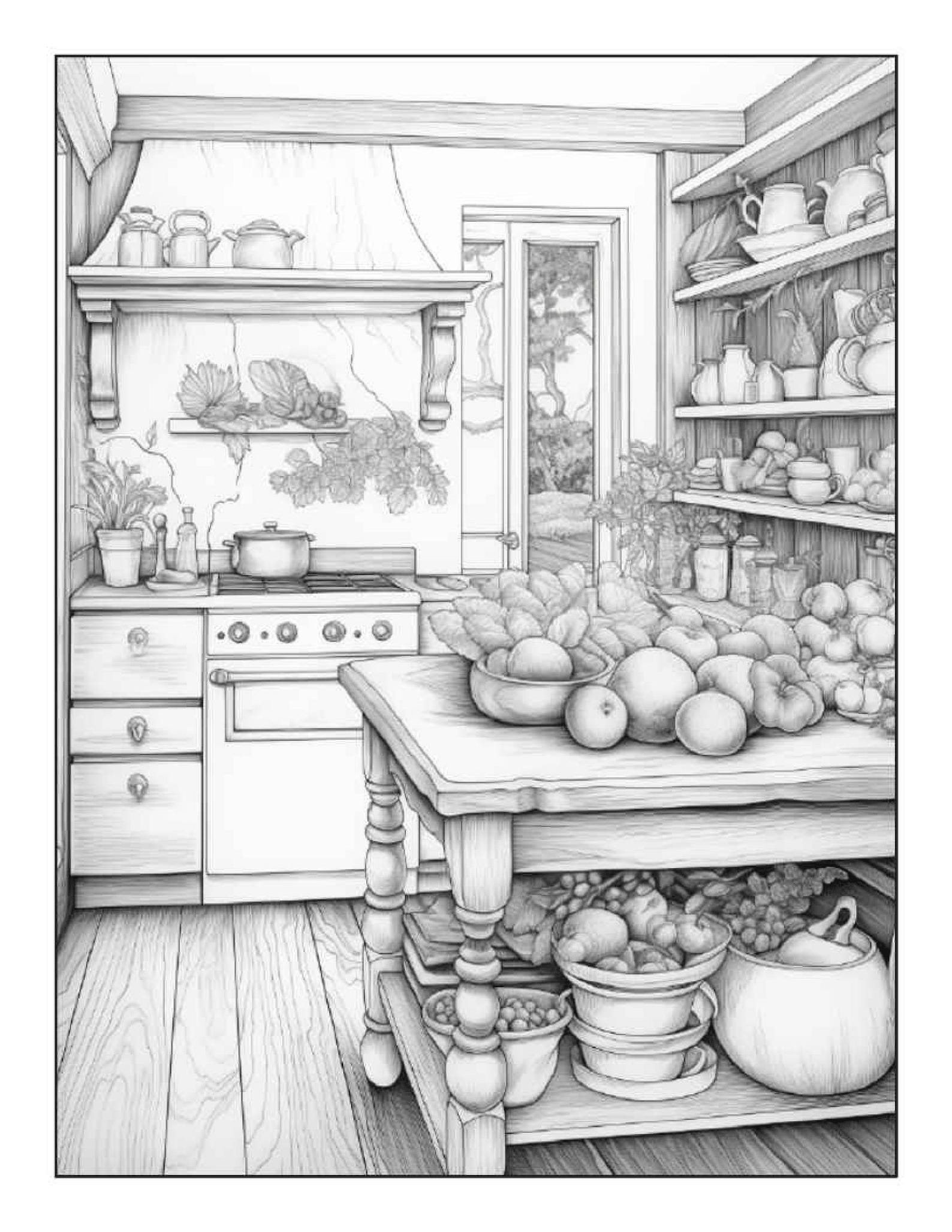 Country Kitchens Grayscale Coloring Pages for Adults (printable) - Etsy