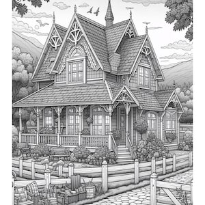 Country Homes Coloring Pages for Adults: Grayscale Printable (25 Pages ...