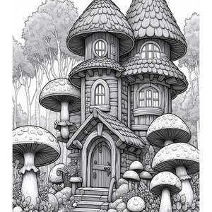 Mushroom House Coloring Pages: Fairytale Grayscale Art (25 Printable ...