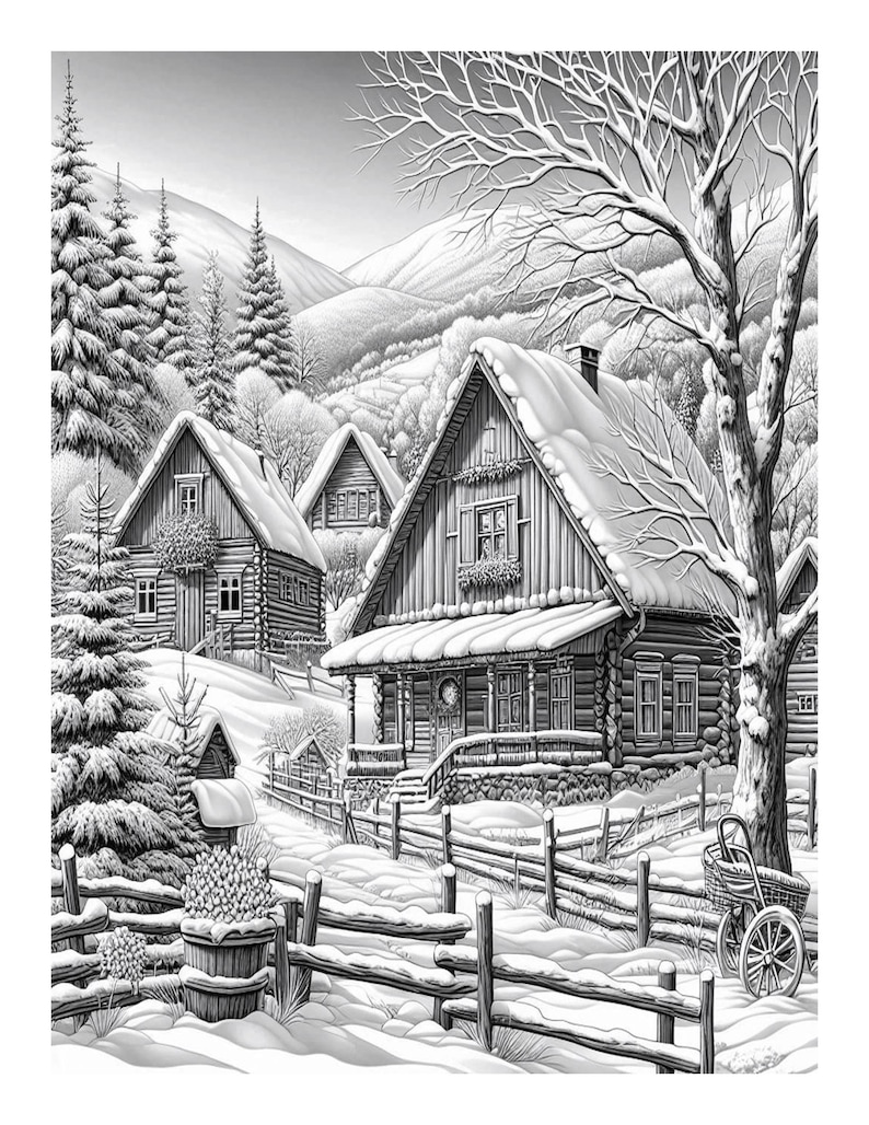 Winter Country Grayscale Coloring Pages for Adults (printable PDF) - Etsy