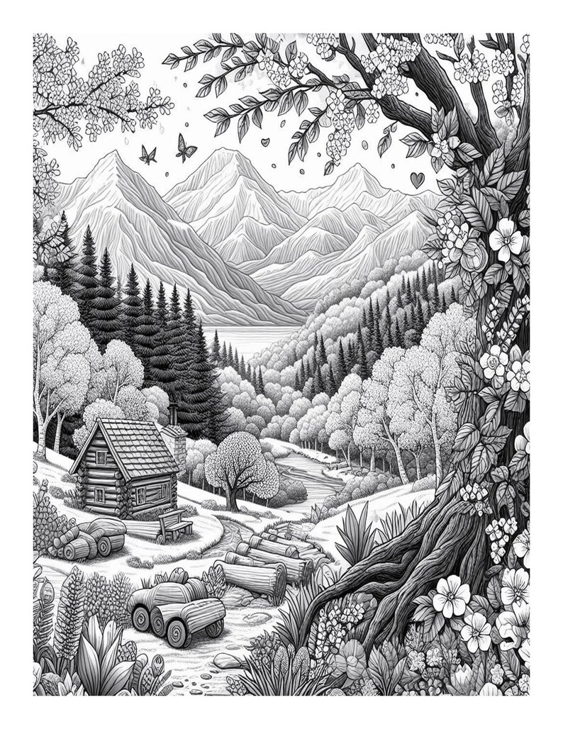 Beautiful Springtime Scenes Grayscale Coloring Pages for Adults ...