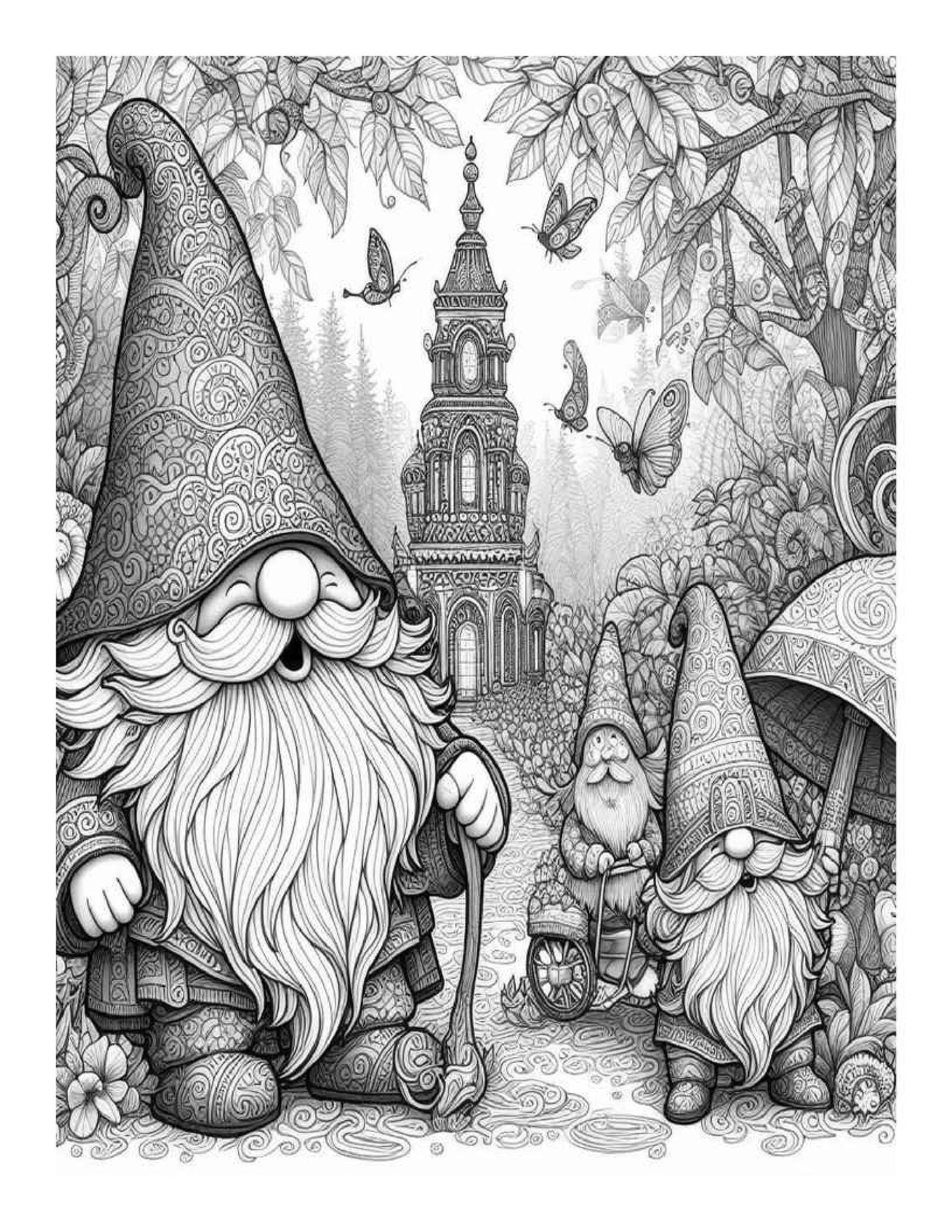 Gnome Coloring Pages for Adults: 25 Whimsical Grayscale Designs ...