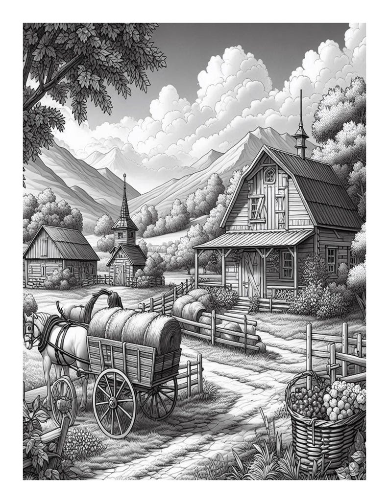 Country Life Grayscale Coloring Pages for Adults: Stress Relief ...
