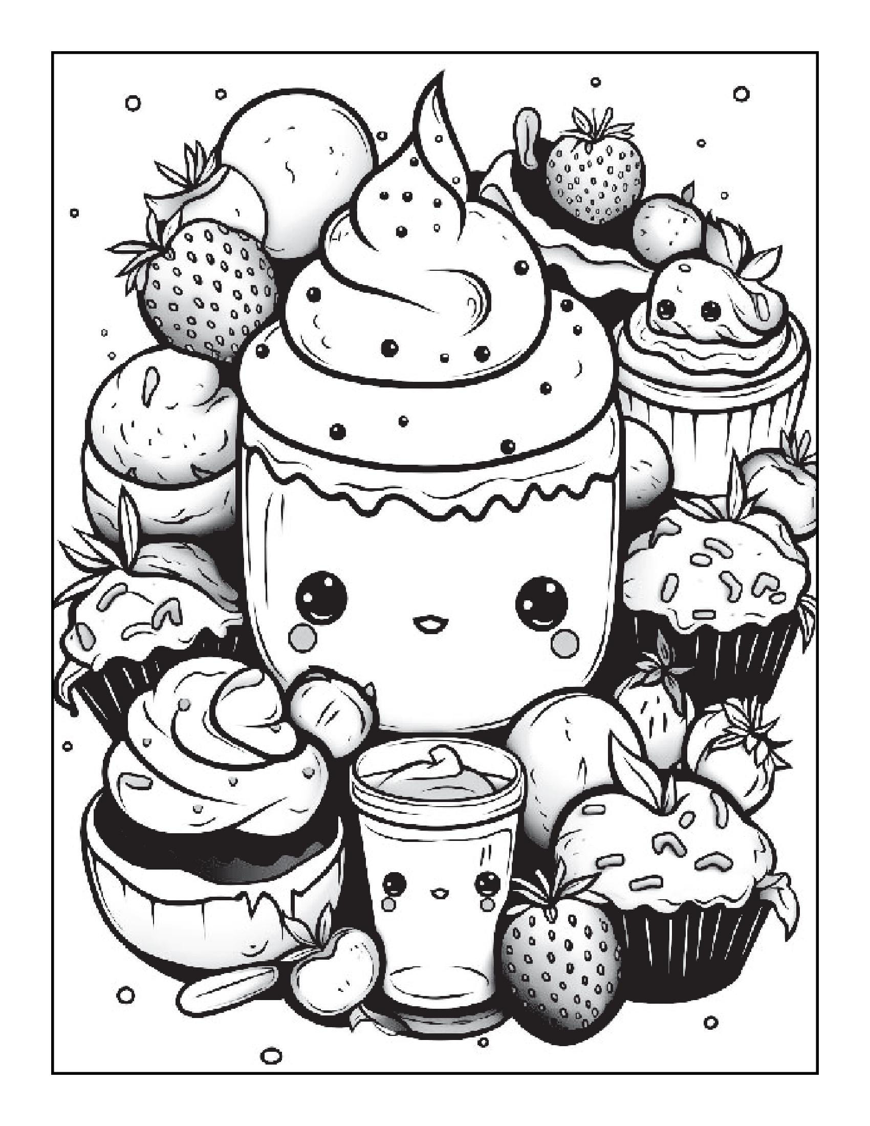 Kawaii Food Coloring Pages, 100 Page Adult Coloring Book (instant PDF ...