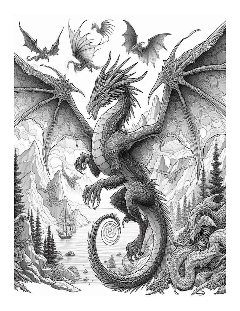 Fantasy Dragons Coloring Pages for Adults: 25 Printable Designs (PDF ...