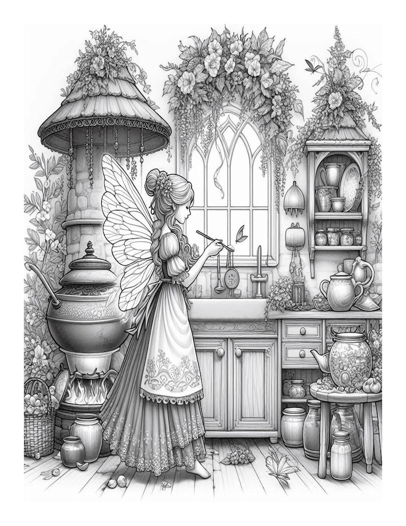 Fairy Kitchen Coloring Pages for Adults: Grayscale Printable Art (25 ...