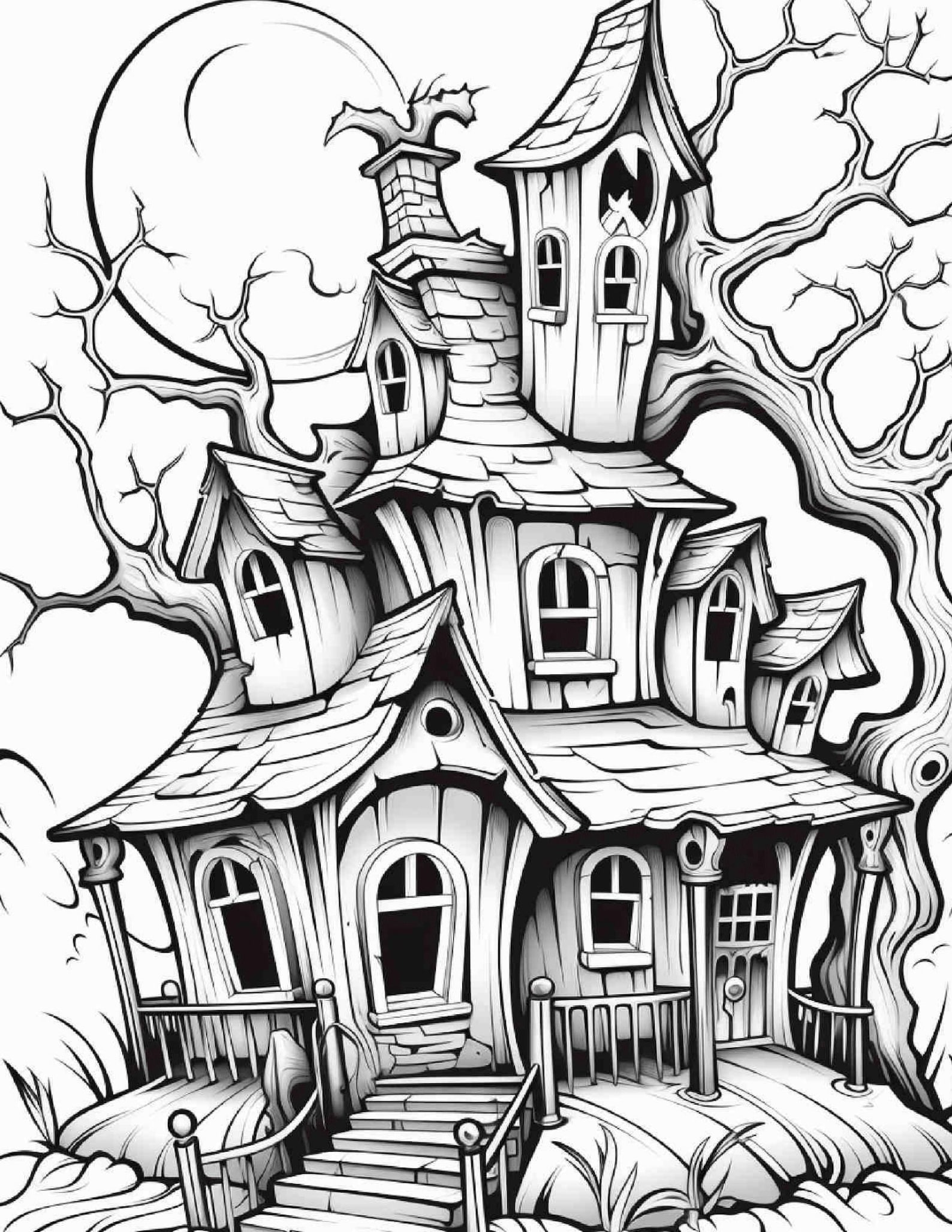 Haunted Houses Coloring Pages for Adults: 25 Printable Designs - Etsy