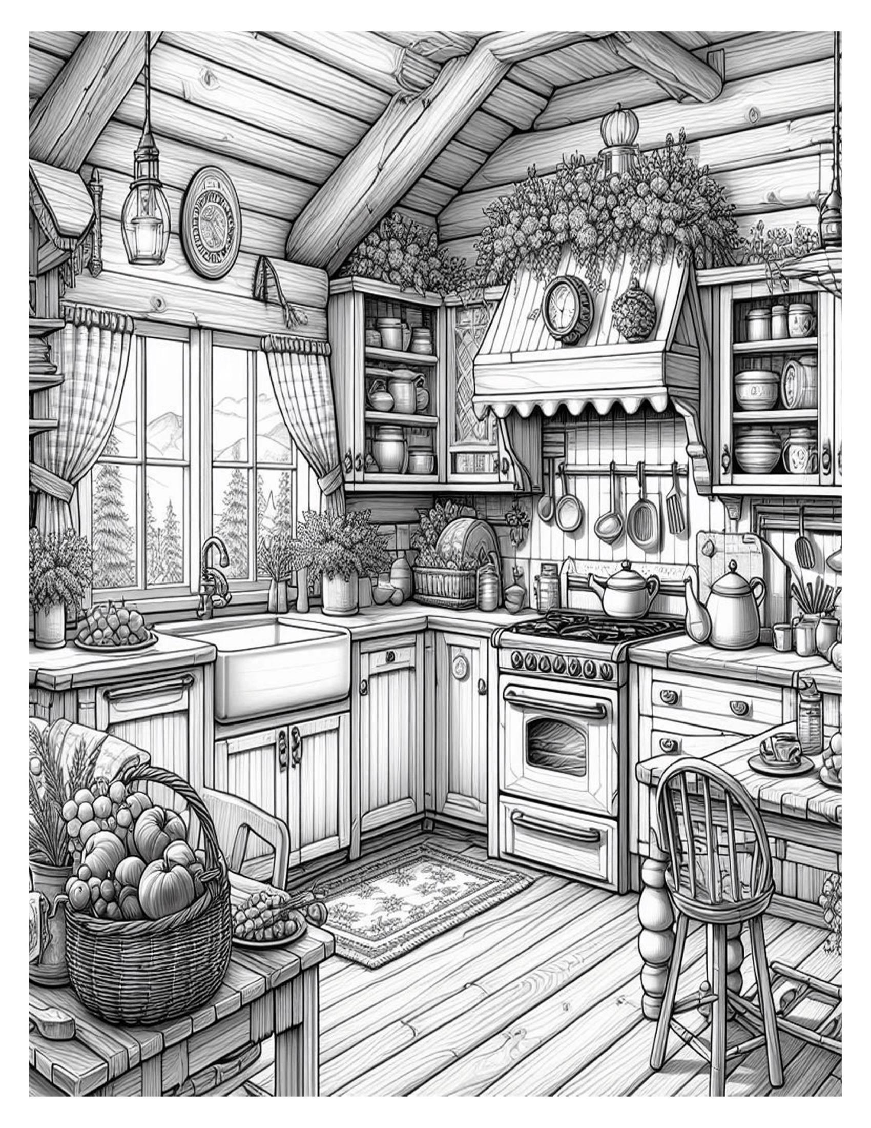 Country Cottage Kitchen Coloring Pages: Grayscale Art for Adults ...