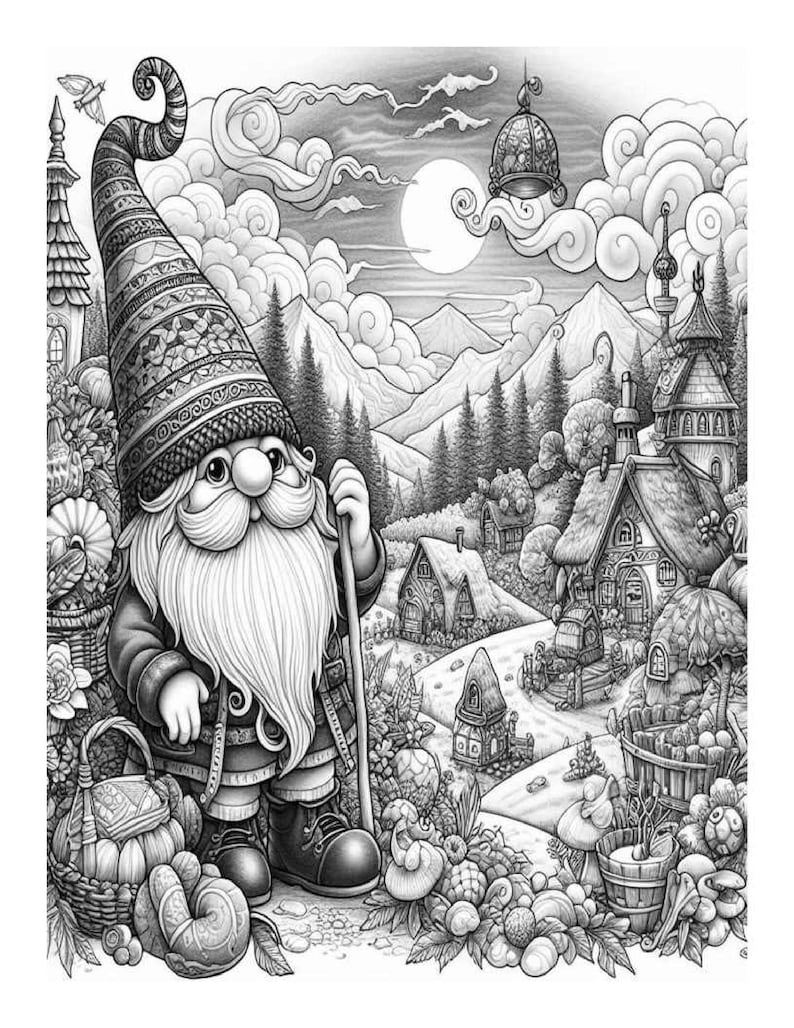 Gnome Coloring Pages for Adults: 25 Whimsical Grayscale Designs ...
