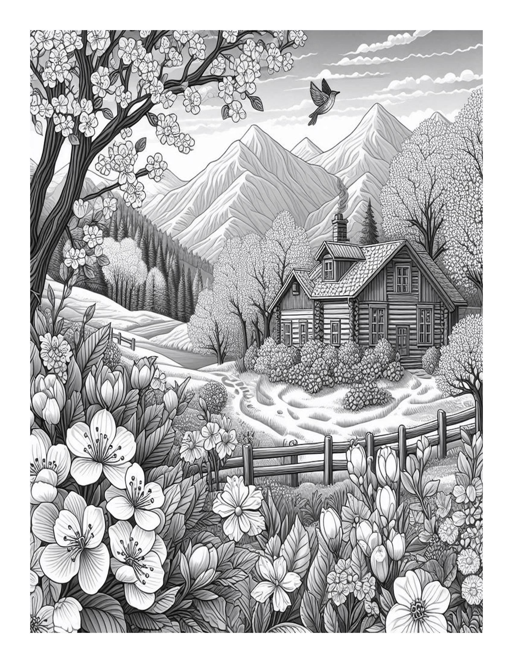 Beautiful Springtime Scenes Grayscale Coloring Pages for Adults ...