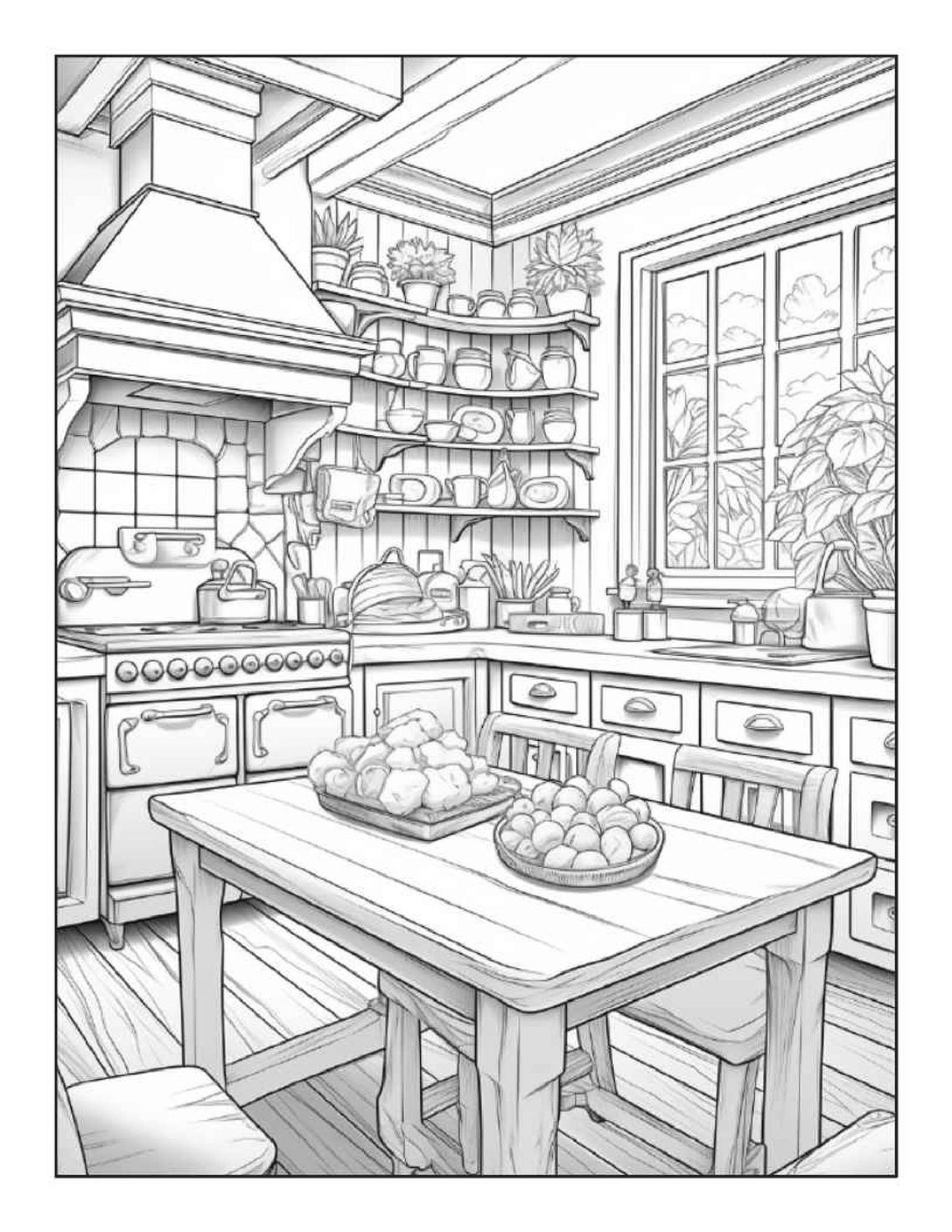 Country Kitchens Grayscale Coloring Pages for Adults (printable) - Etsy