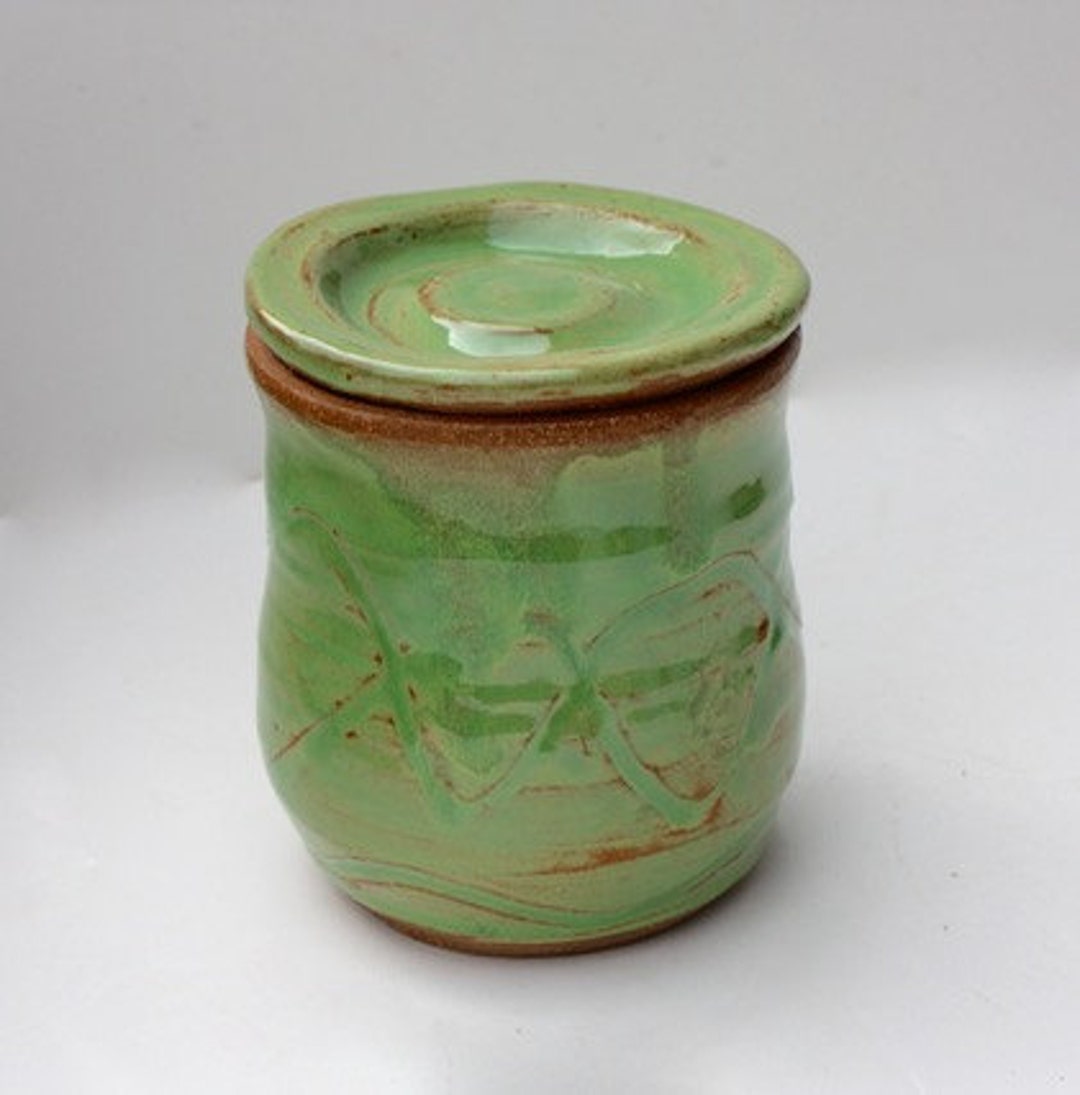 Stoneware Lidded Jar With Carved Decoration in Glossy Spring Green - Etsy