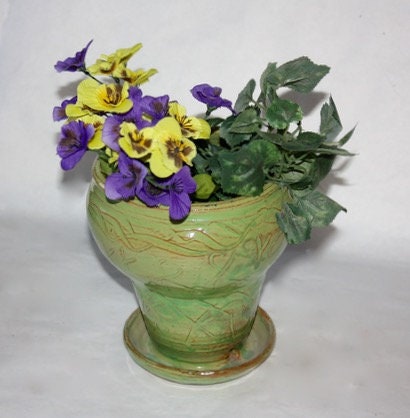 Ceramic Planter in Spring Green With Carved Decoration for Herbs ...