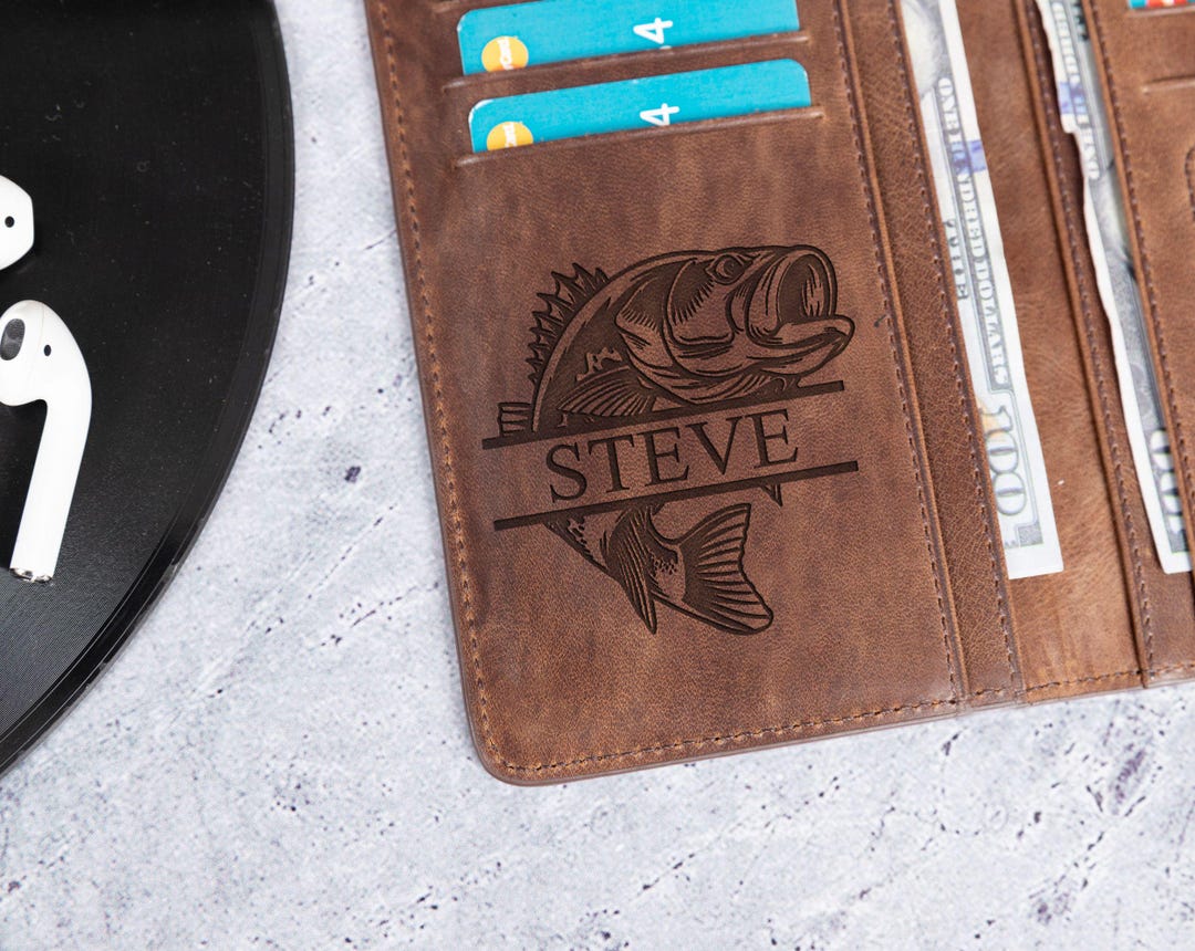 Personalized Leather Fishing Wallet: Engraved Bass, Hunter Gift ...