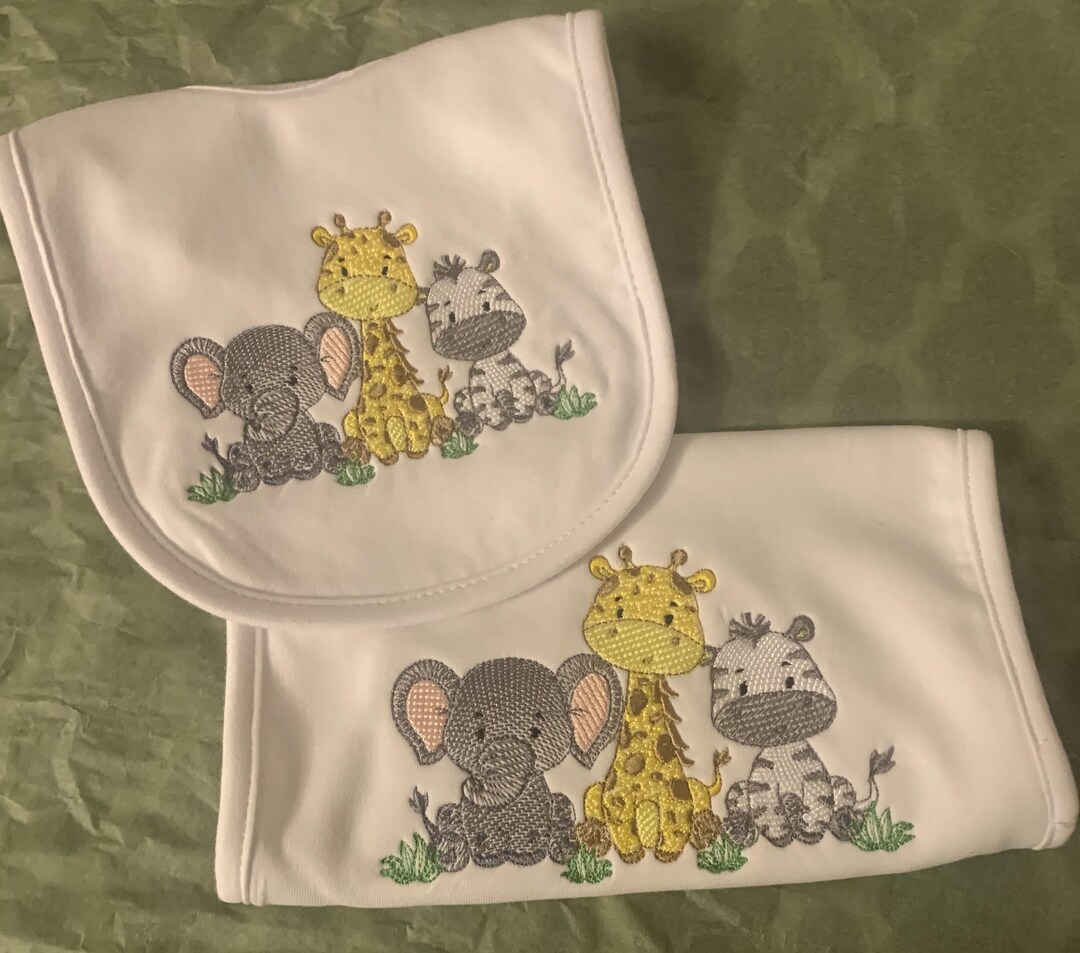 Safari Animals Bib and Burp Set - No Personalization- Elephant, Giraffe ...