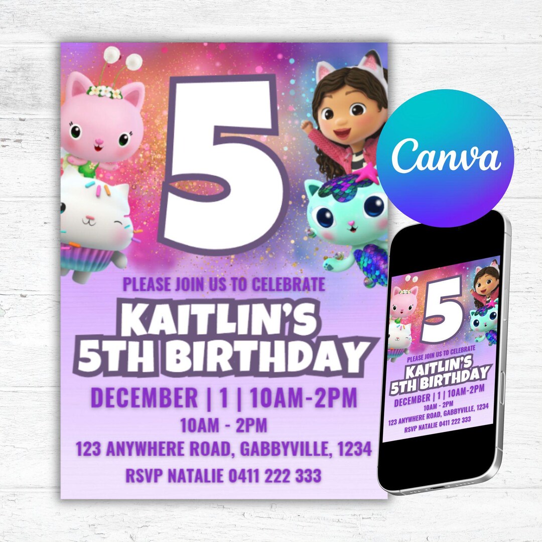 Gabbys Dollhouse Birthday Invitation Editable Gabby's Kids Birthday ...