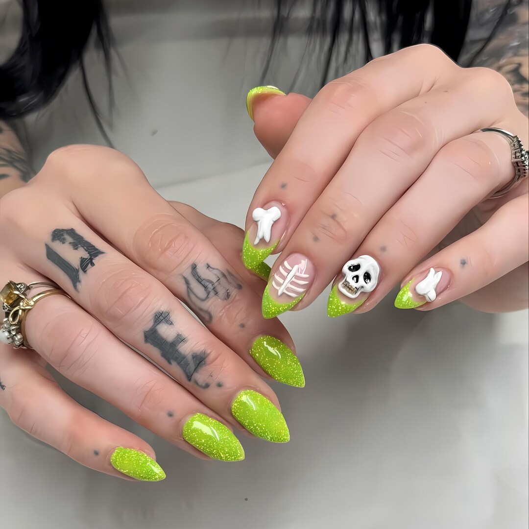Neon Green Glitter Halloween Nails, Skull & Bone 3D Nail Art, Spooky ...