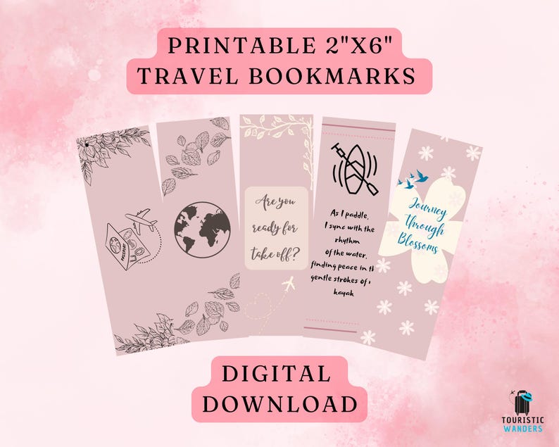 Pink Themed Travel Printable Bookmarks, Pack of 5 Digital Download ...