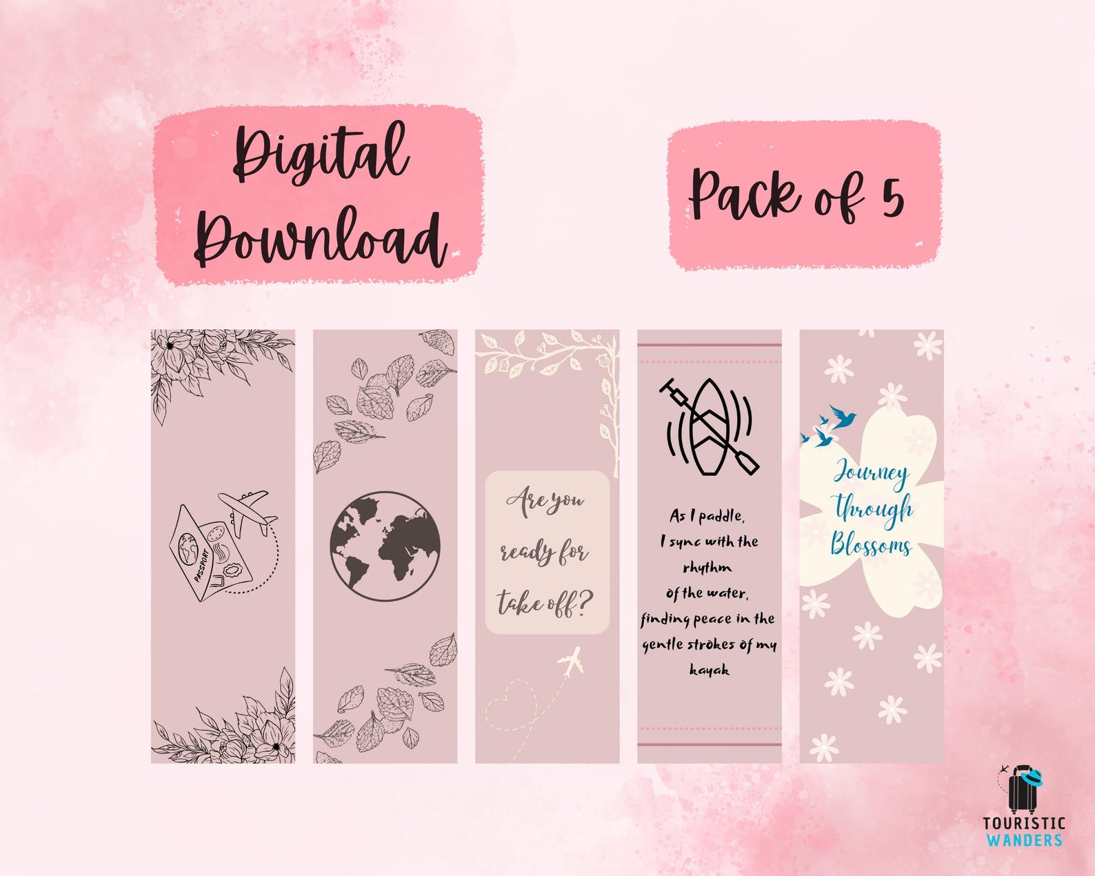 Pink Themed Travel Printable Bookmarks, Pack of 5 Digital Download ...