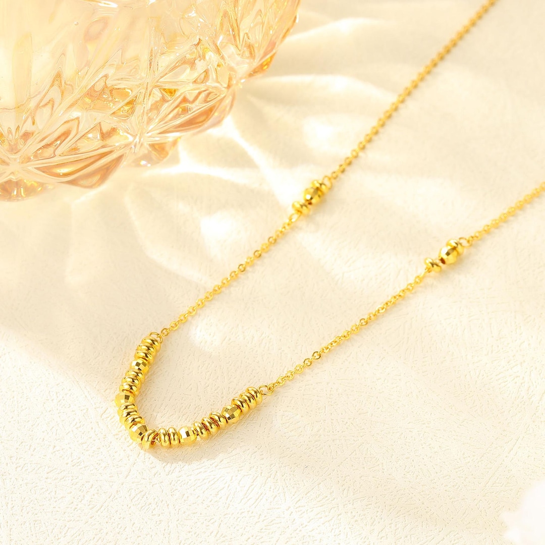 Minimalist 24K Solid Gold Bead Necklace，lucky Gold Ball Chain，everyday ...
