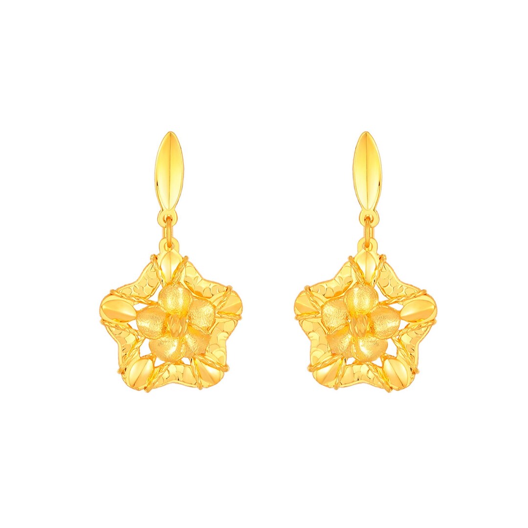 Blooming 999 24K Gold Floral Drop Earrings，handcrafted Flower Gold ...