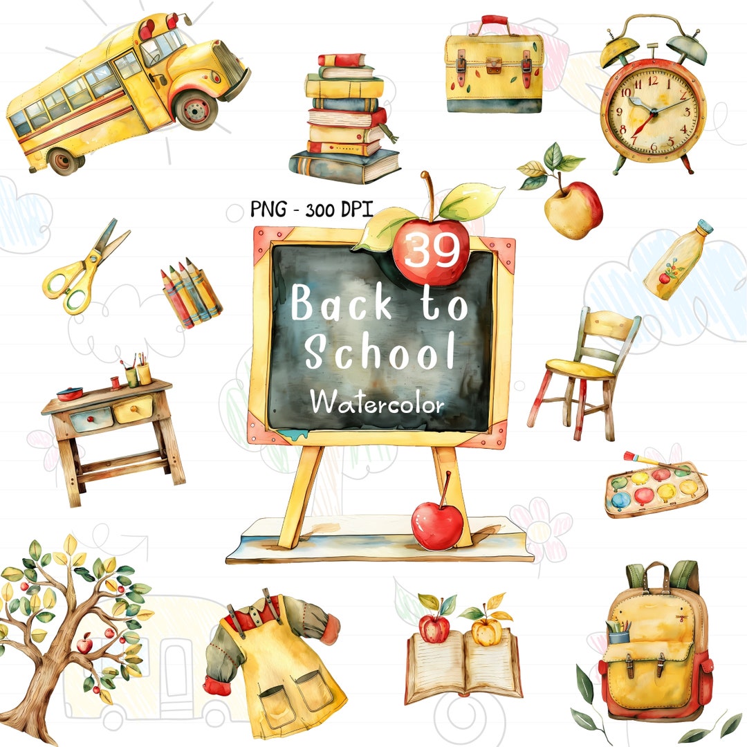 Watercolor Back to School Clipart Bundle, School Supplies, Classroom ...