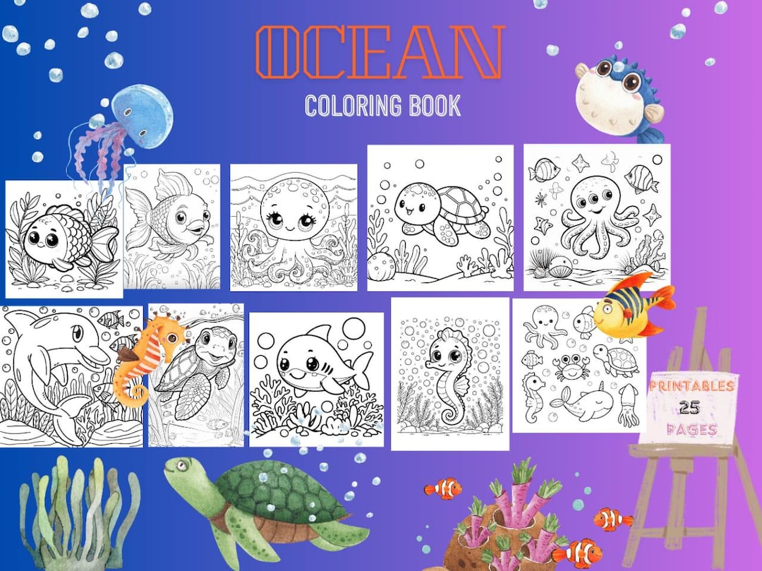 Cute Ocean Animals Coloring Pages,kids Coloring Book,ocean Animals ...