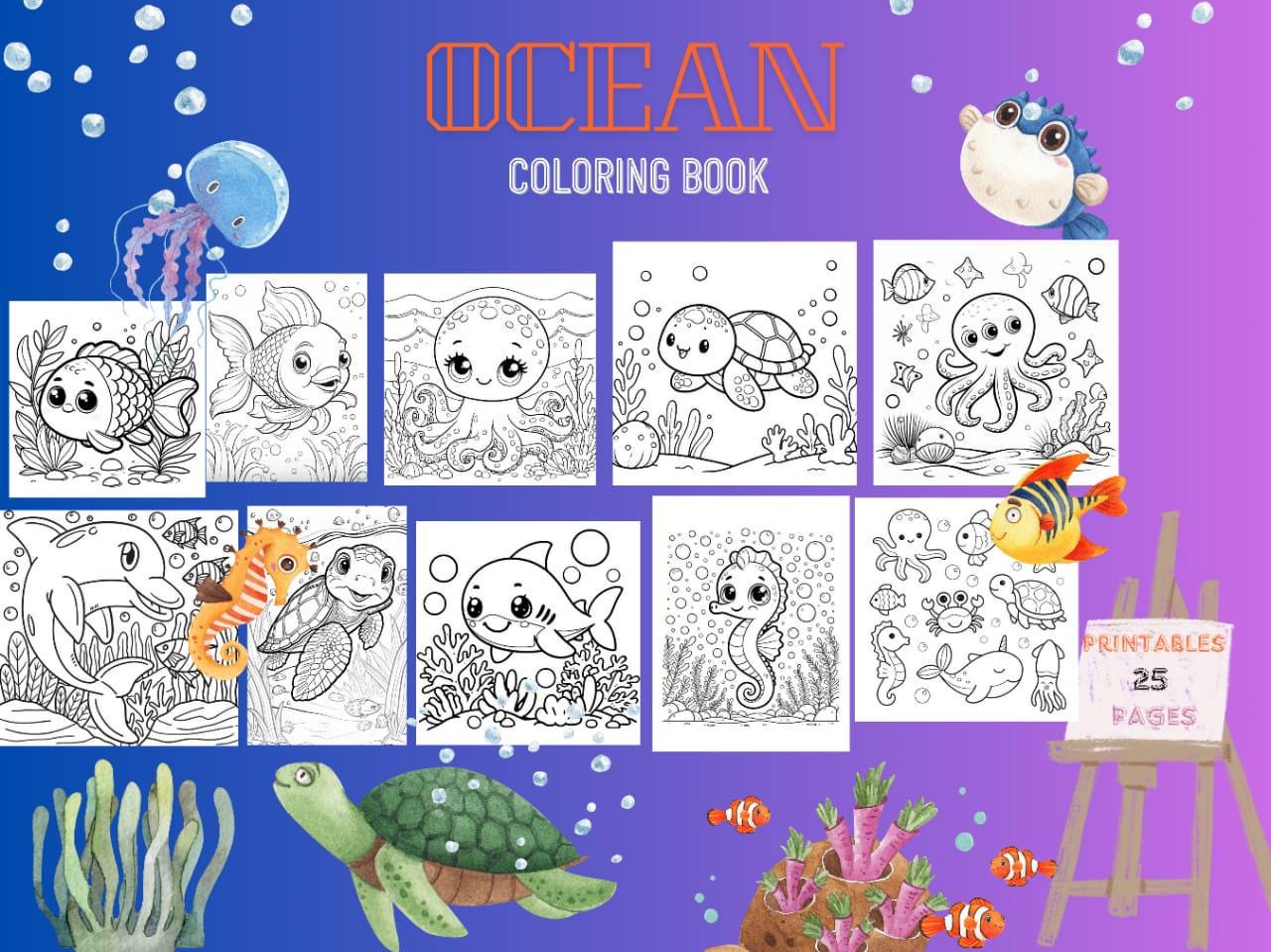 Cute Ocean Animals Coloring Pages,kids Coloring Book,ocean Animals ...
