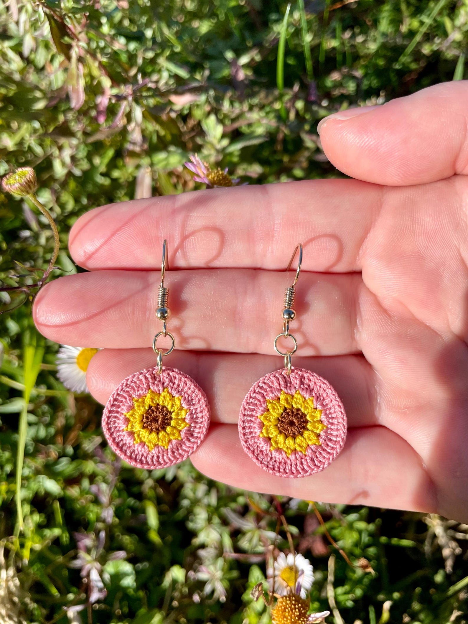 Pink Sunflower Drop Earrings, Micro Crochet Jewellery, Unique Crochet ...