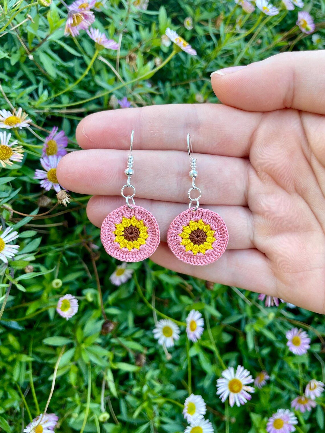 Pink Sunflower Drop Earrings, Micro Crochet Jewellery, Unique Crochet ...