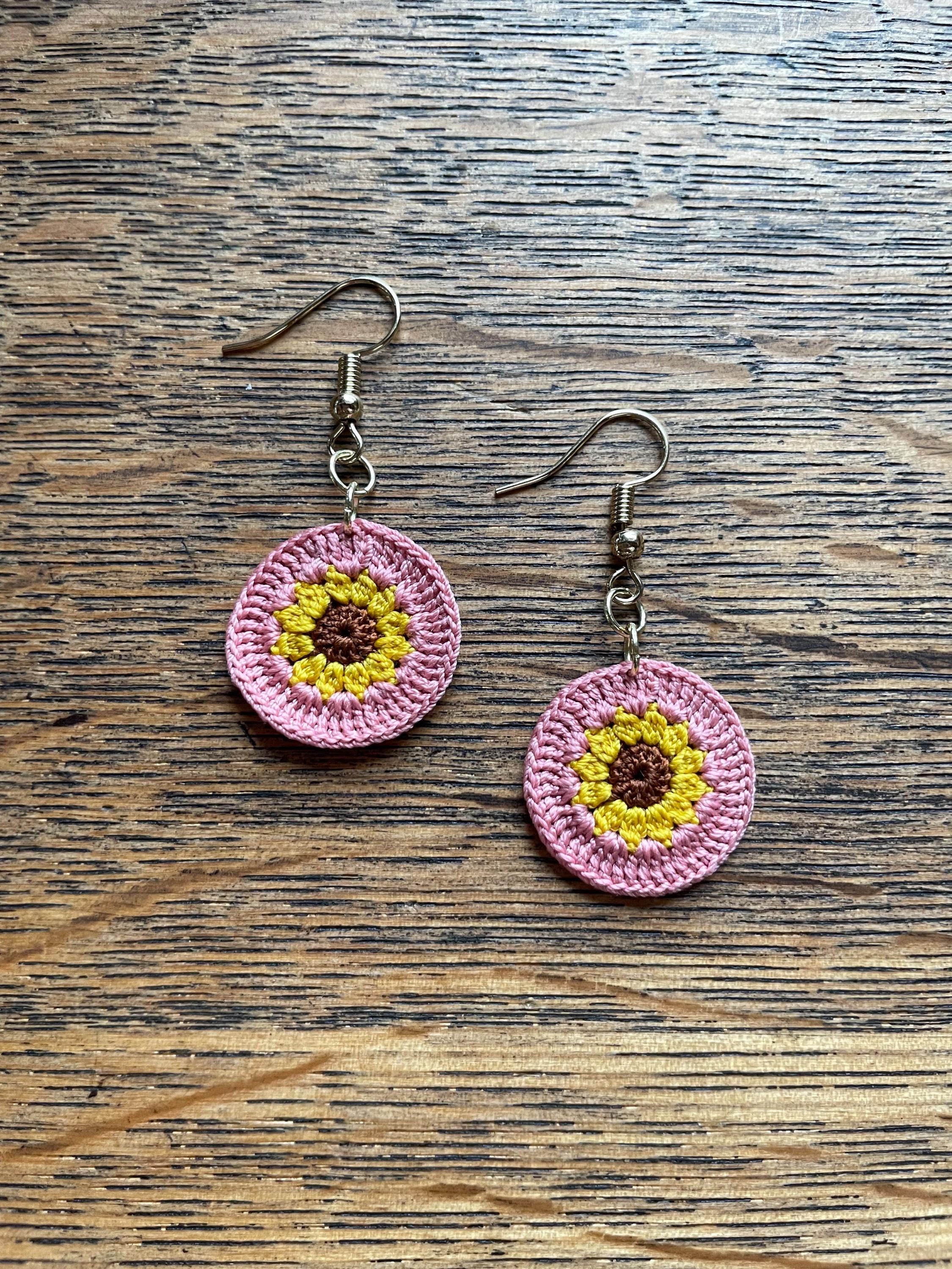 Pink Sunflower Drop Earrings, Micro Crochet Jewellery, Unique Crochet ...