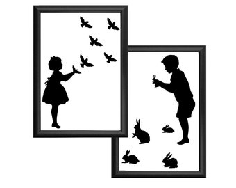 Rabbit Shadow Puppet Silhouette Print Black and White Rabbits | Etsy